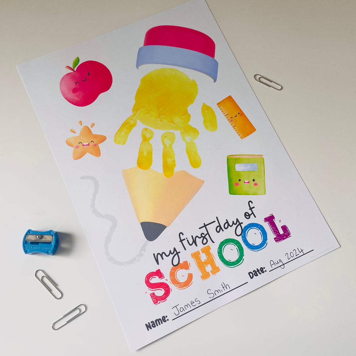 First Day School Pencil - Handprint Art Craft Printable Keepsake Gift