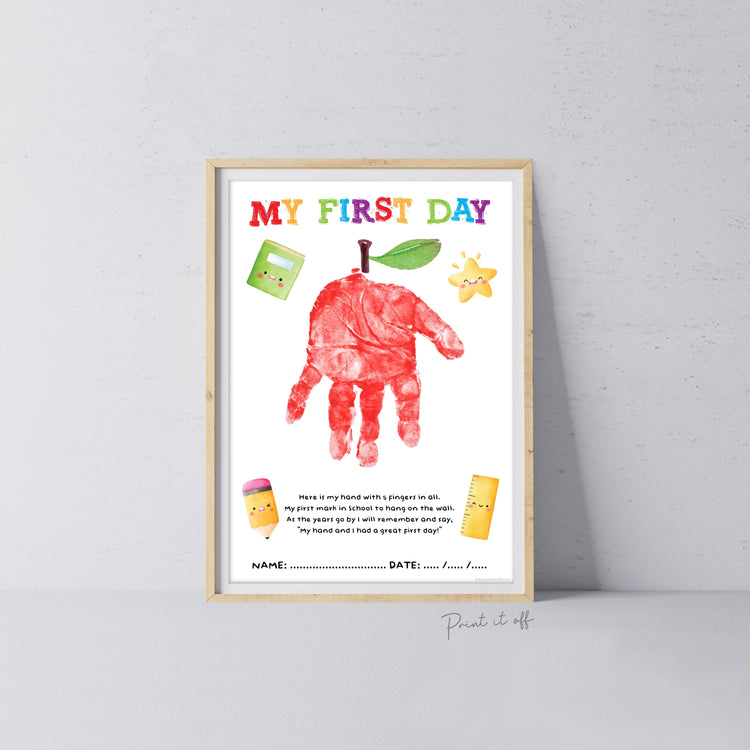 First Day School Poem Apple - Handprint Art Craft Printable Keepsake G