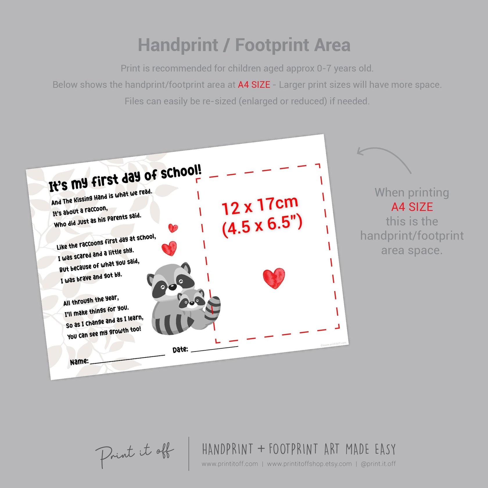 The Kissing Hand Raccoon School - Handprint Art Craft Printable Keepsa