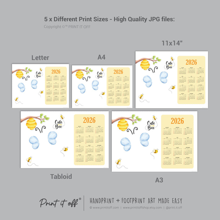 Cute Bee 2026 Calendar Year - Footprint Art Craft Printable Keepsake G