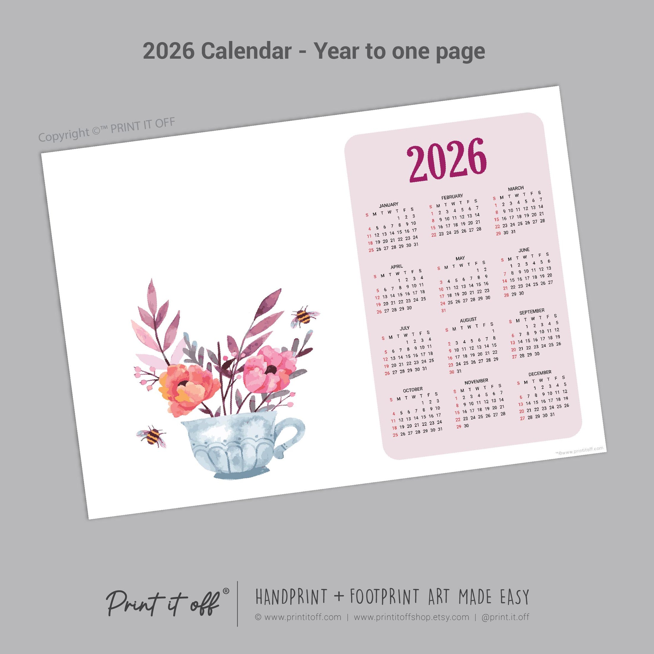 2026 Flower Teacup Year Calendar / Handprint Footprint Art Craft / Act ...
