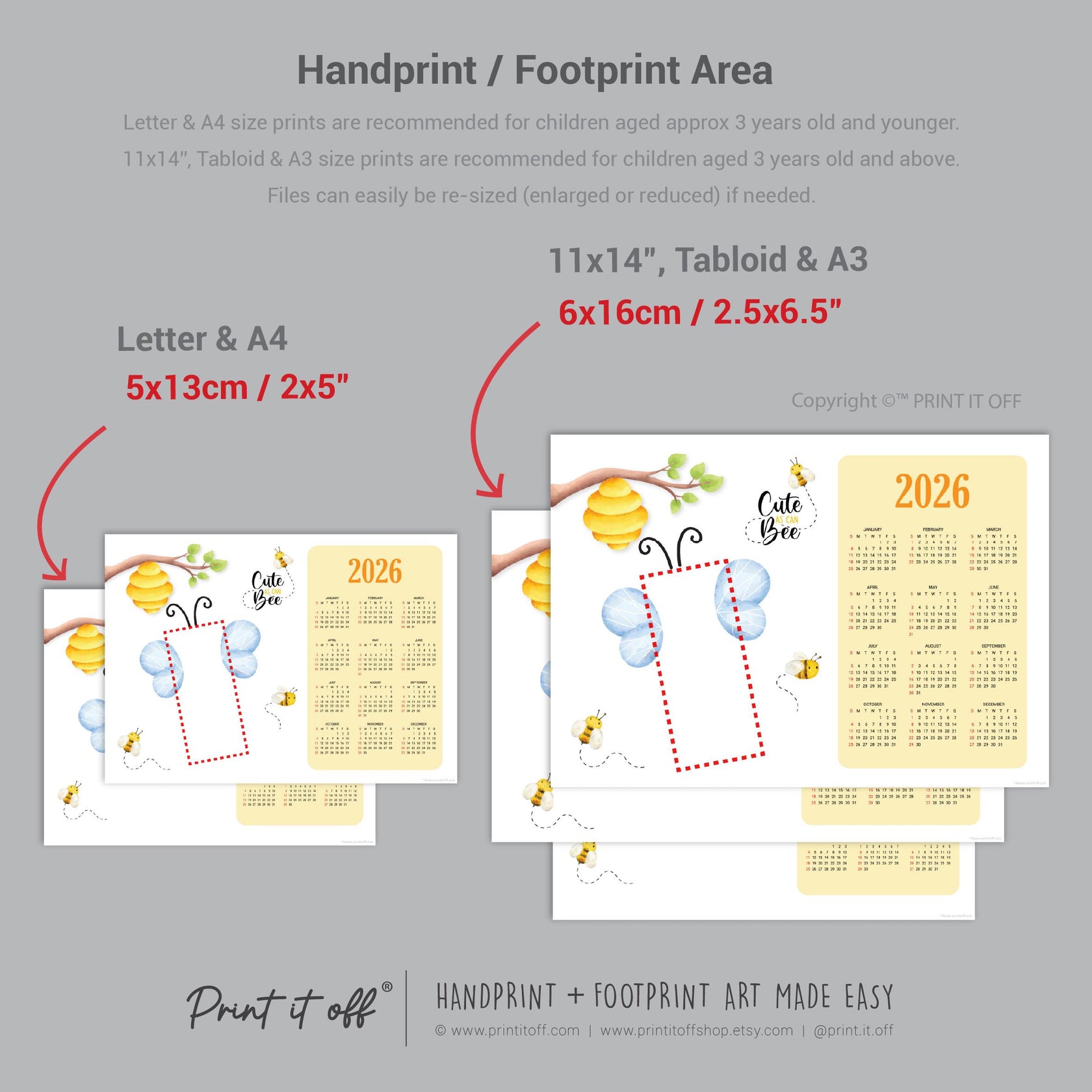 Cute Bee 2026 Calendar Year - Footprint Art Craft Printable Keepsake G