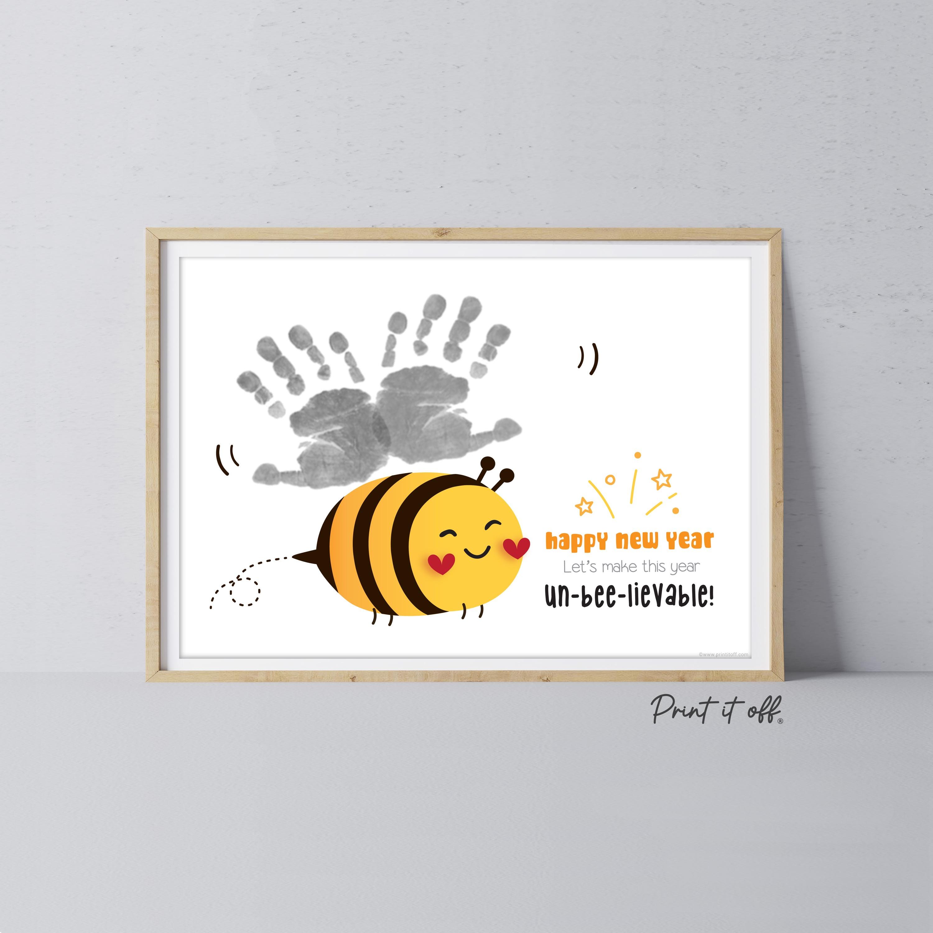 Bee Happy New Year - Handprint Art Craft Printable Keepsake Gift Templ